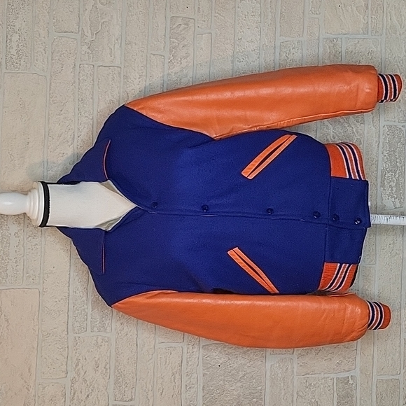 Logan Knitting Mills | Jackets & Coats | 7s Letterman Jacket Leather Wool Hawks Orange Blue ...